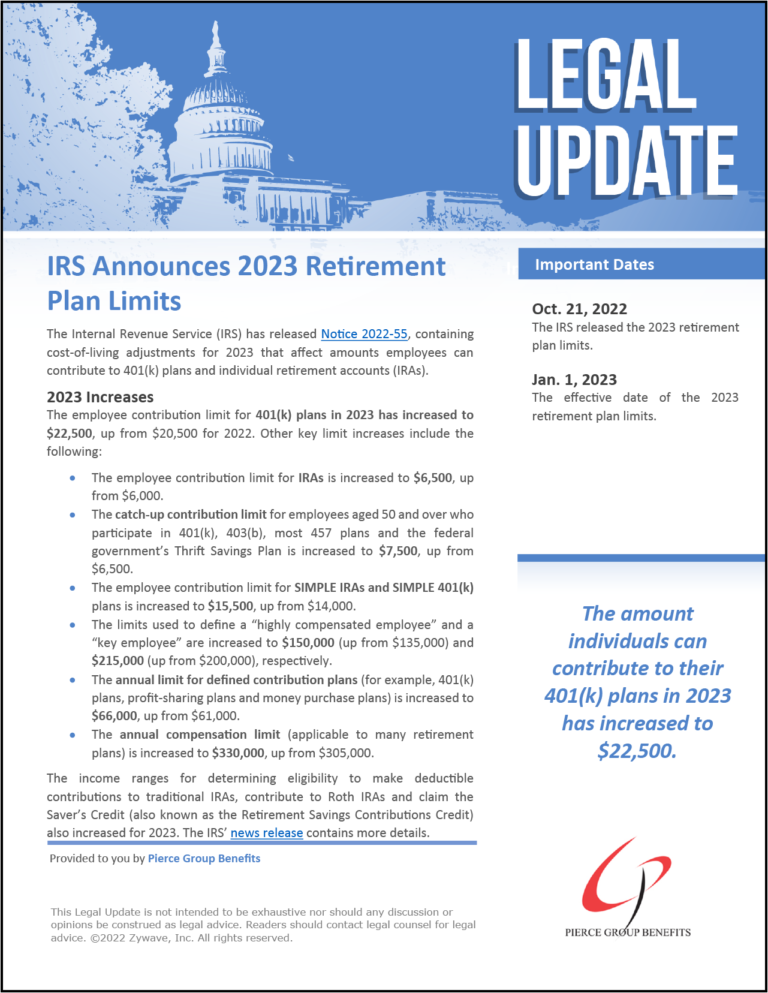 IRS Announces 2023 Retirement Plan Limits • Pierce Group Benefits
