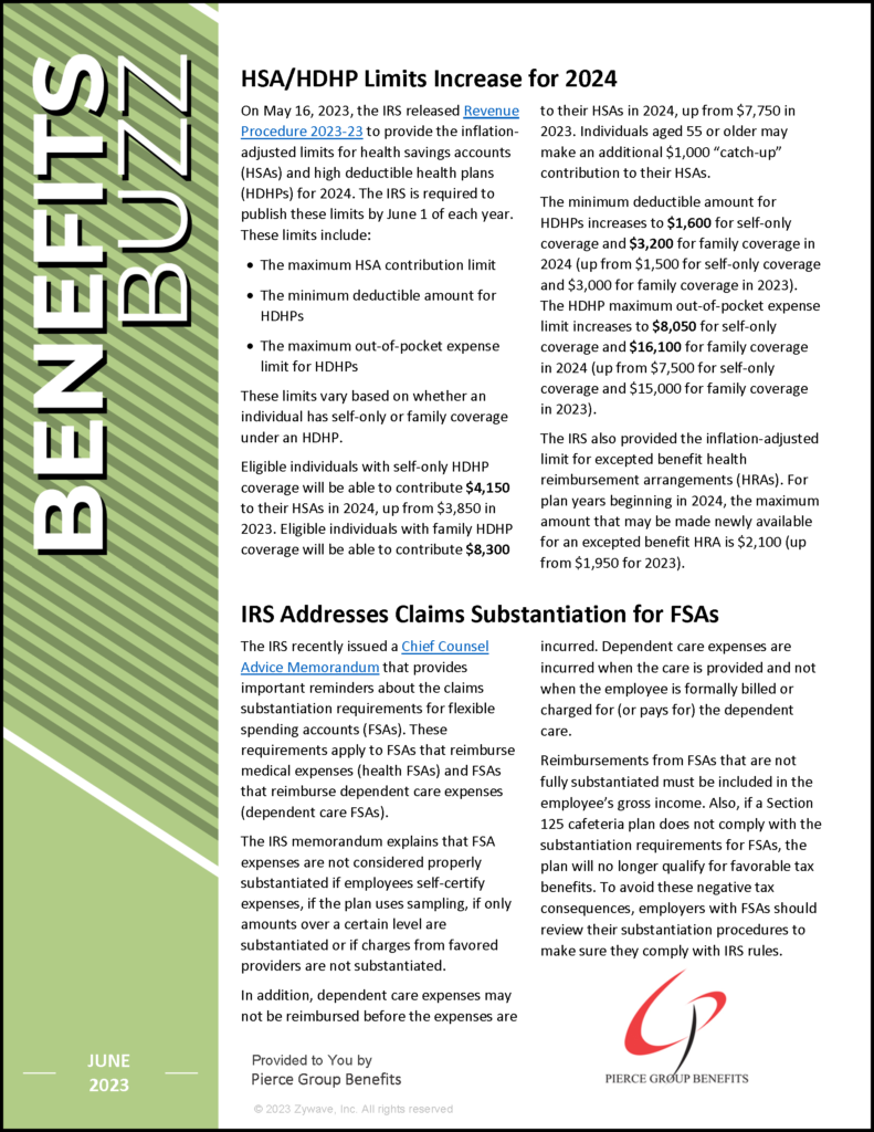Benefits Newsletter: HSA/HDHP Limits Increase for 2024 • Pierce Group ...