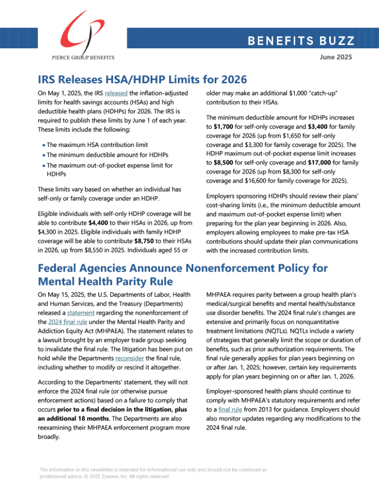Benefits Newsletter: IRS Releases HSA/HDHP Limits for 2026 • Pierce Group Benefits