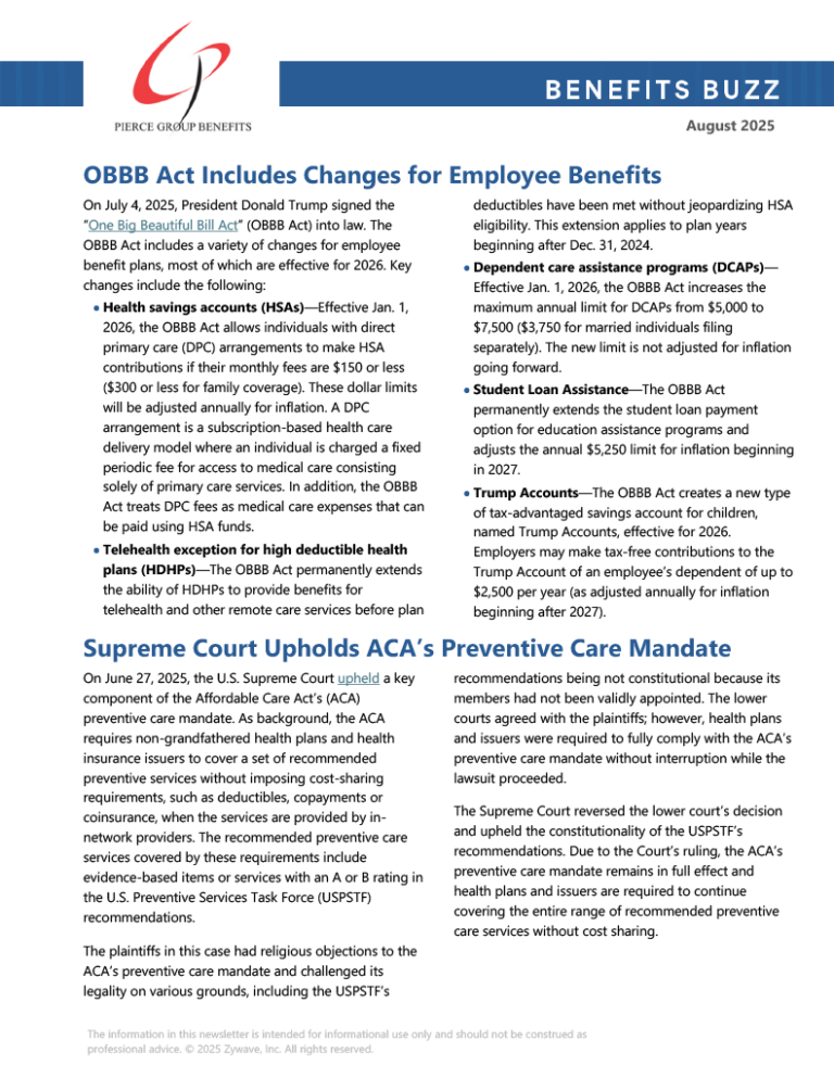 Benefits Newsletter: OBBB Act Includes Changes for Employee Benefits ...