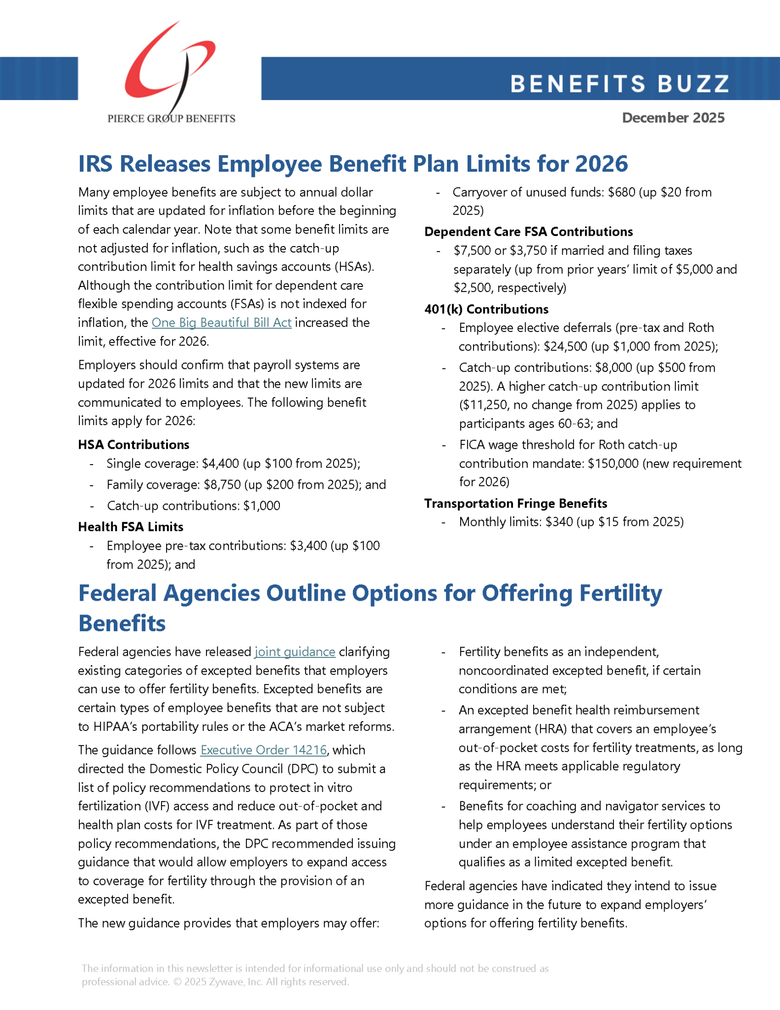 Benefits Newsletter: IRS Releases Employee Benefit Plan Limits for 2026 ...